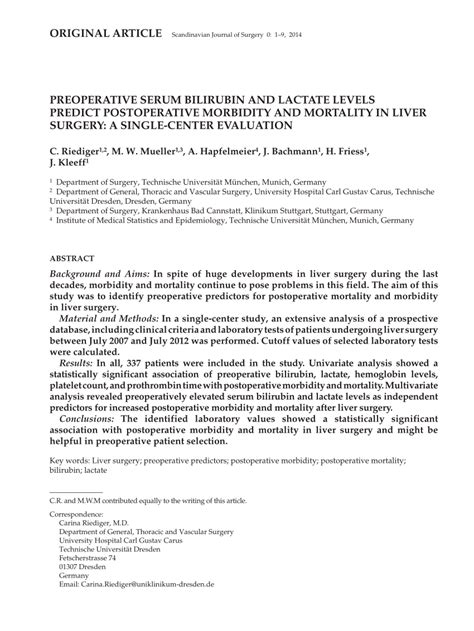 Pdf Preoperative Serum Bilirubin And Lactate Levels Predict Postoperative Morbidity And