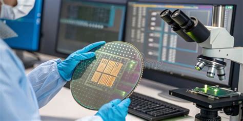 Scientist Examining Semiconductor Wafer Under Microscope In A High Tech Laboratory Environment
