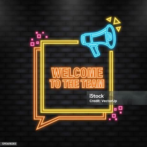 네온 아이콘 흰색 배경에 3d 스타일의 팀 메가폰 파란색 배너에 오신 것을 환영합니다 벡터 일러스트 레이 션 Welcome To The Team English
