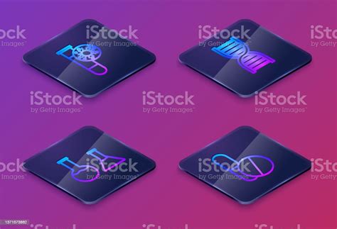 바이러스와 등도 선 테스트 튜브를 설정 플라스크 Dna 기호 및 의학 알 약 또는 정제 파란색 정사각형 버튼 벡터 3차원 형태에 대한 스톡 벡터 아트 및 기타 이미지