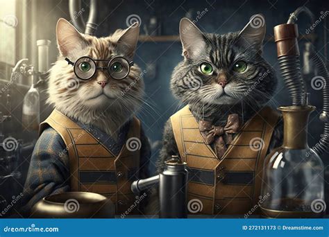 Cats Dressed As Crazy Scientists Experiment Created With Generative Ai Technology Stock Image
