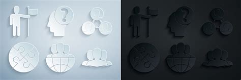 지구본과 사람 프로젝트 팀 기반 퍼즐 조각 사용자 그룹 물음표가 있는 사람의 머리 깃발 아이콘을 들고 있는 남자를 설정합니다 벡터 3차원 형태에 대한 스톡 벡터 아트 및