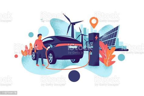 태양 전지 패널과 풍력 발전소와 도시 스카이 라인 곡물 스타일로 전기 자동차를 충전하는 남자 차에 대한 스톡 벡터 아트 및 기타 이미지 Istock