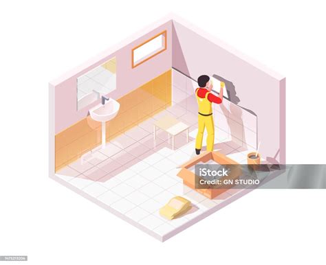노란색 유니폼을 입은 전문 타일러가 있는 욕실 타일 리노베이션 개념 실내 아이소메트릭 뷰 룸 벽의 회색 콘크리트에 흰색 세라믹