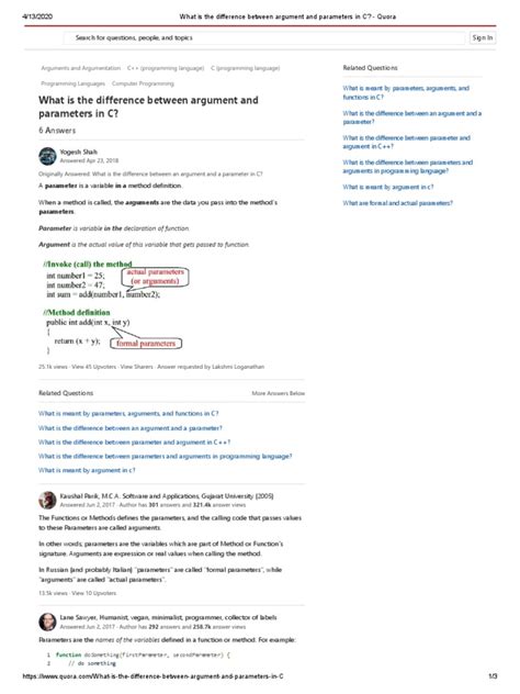 What Is The Difference Between Argument And Parameters In C Quora Pdf