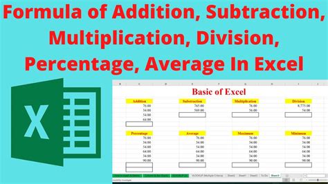 Formula Of Addition Subtraction Multiplication Division Percentage Average In Excel Youtube