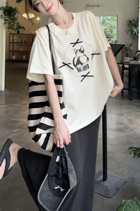 핑크프릴 Set 사진 작가 고양이 반팔 루즈핏 티셔츠 피쉬 테일 롱스커트 투피스세트