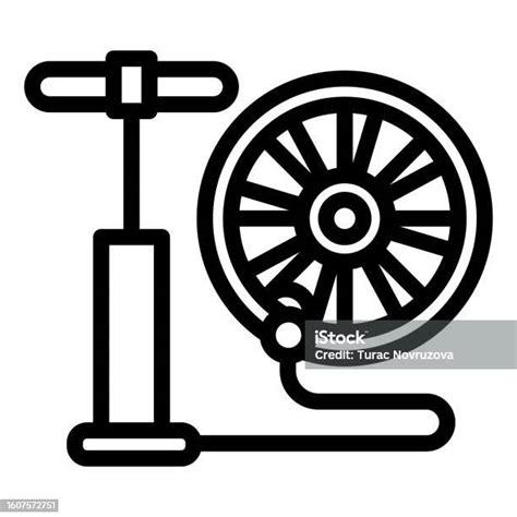 공기 펌프와 자전거 바퀴 라인 아이콘 자전거 개념 흰색 배경에 공기 펌프 서비스 표지판 핸드 자전거 펌프 및 휠 아이콘은 모바일 웹 디자인을 위한 개요입니다 벡터 그래픽