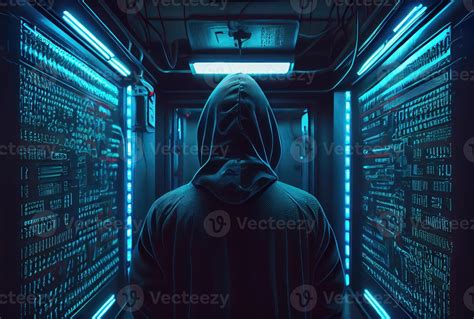 hacker in the black hood in the server room unrecognizable people