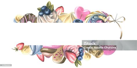 과자 도넛 케이크 컵 케이크 롤리팝 마시멜로가있는 수평 보드 수채화 그림 큰 과자 세트로 만든 프레임 음식을 주제로 한 장식과 디자인 개체 그룹에 대한 스톡 벡터 아트 및