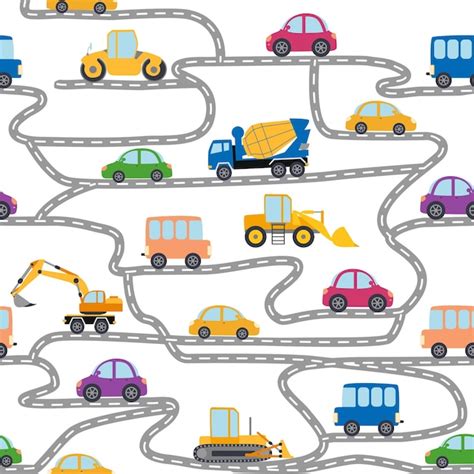 자동차 버스 기차 집과 도로 도시 원활한 유치 패턴 프리미엄 벡터