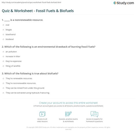 Quiz Worksheet Fossil Fuels Biofuels Study Com