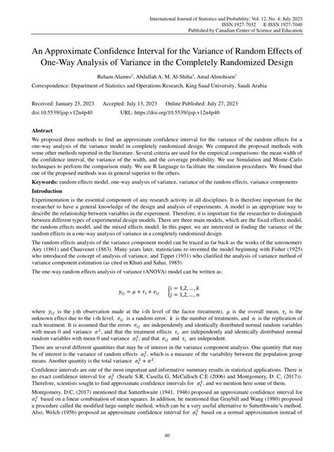 Pdf An Approximate Confidence Interval For The Variance Of Random Effects Of One Way Analysis