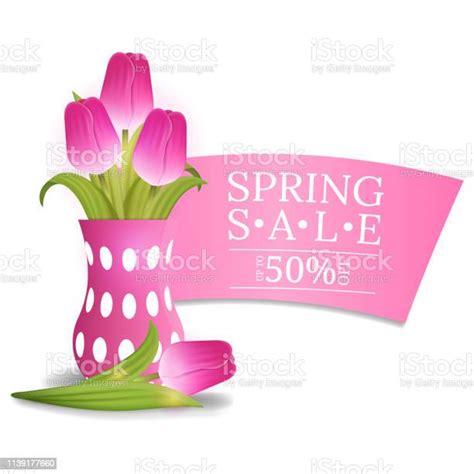 핑크 튤립의 꽃다발과 봄 판매 배너입니다 할인 바우처 전단지 초대장 포스터 브로셔 디자인에 대 한 벡터 일러스트 레이 션 웹 0명에 대한 스톡 벡터 아트 및 기타 이미지