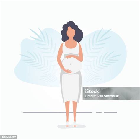 전체 성장에 임신 한 소녀 잘 구축 임신 여성 캐릭터 당신을 위해 파란색 톤의 배너 만화 스타일의 벡터 일러스트레이션 건강관리와 의술에 대한 스톡 벡터 아트 및 기타 이미지