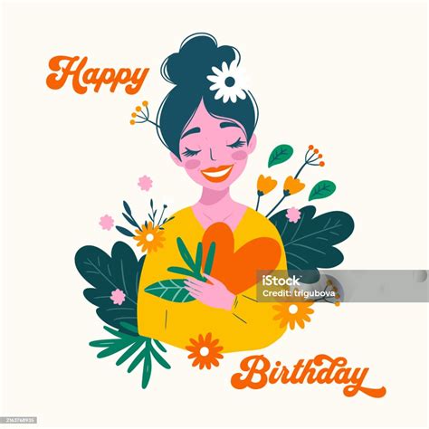 생일 축하 해요 벡터 인사 행복 한 여자 와 함께 마음 꽃 만화 평면 스타일 엄마 엄마 딸에 대 한 벡터 인사말 사랑 카드 벡터에 대한 스톡 벡터 아트 및 기타 이미지