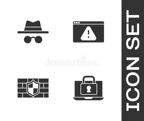 Set Laptop And Lock Incognito Mode Shield With Brick Wall And Browser