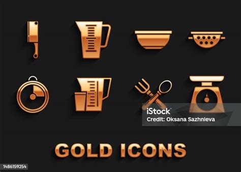 계량컵 주방 소쿠리 저울 교차 포크 스푼 타이머 그릇 고기 다지기 및 아이콘을 설정합니다 벡터 건강한 생활방식에 대한 스톡 벡터