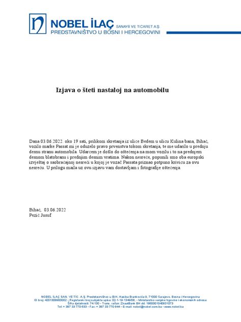 Izjava O Šteti Nastaloj Na Automobilu Pdf