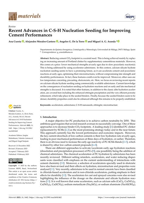 Pdf Recent Advances In C S H Nucleation Seeding For Improving Cement