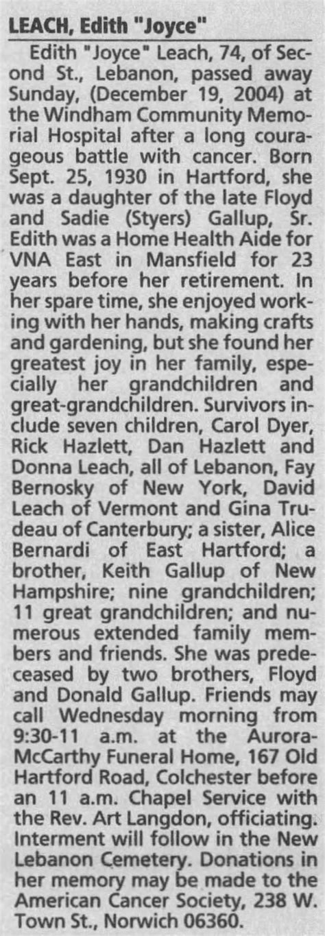 Leach Edith Joyce Leach 74 Of Lebanon Ct Died Sun 19 Dec 2004