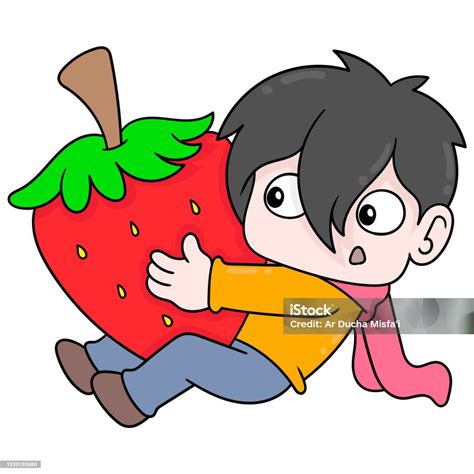 소년은 거대한 딸기 벡터 일러스트 아트를 껴안고있다 낙서 아이콘 이미지 가와이이 그리기에 대한 스톡 벡터 아트 및 기타 이미지 그리기 낙서 드로잉 남자 Istock