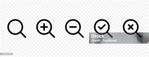 돋보기 확대경 아이콘이 설정되었습니다 검색 확인 십자형 확대 축소 더하기 및 빼기 기호 검색 돋보기 기호입니다 벡터 Eps 10 0명에 대한 스톡 벡터 아트 및 기타 이미지