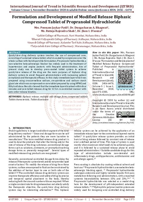 Pdf Formulation And Development Of Modified Release Biphasic Compressed Tablet Of Propranolol
