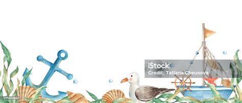 수평 수채화 물감 바다 해양 원활한 국경 패턴 배 보트 갈매기 해초 조개껍데기 항해 닻 및 물방울 손으로 그린 그림입니다 직물 포장 인쇄물 프레임 접착 테이프 및 종이