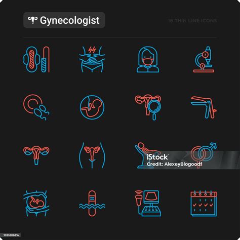 산부인과 의사 선 아이콘 세트 자 궁 난소 부인과 자 임신 초음파 생리대 테스트 배아 생리 질 확장기 현대 벡터 일러스트 레이