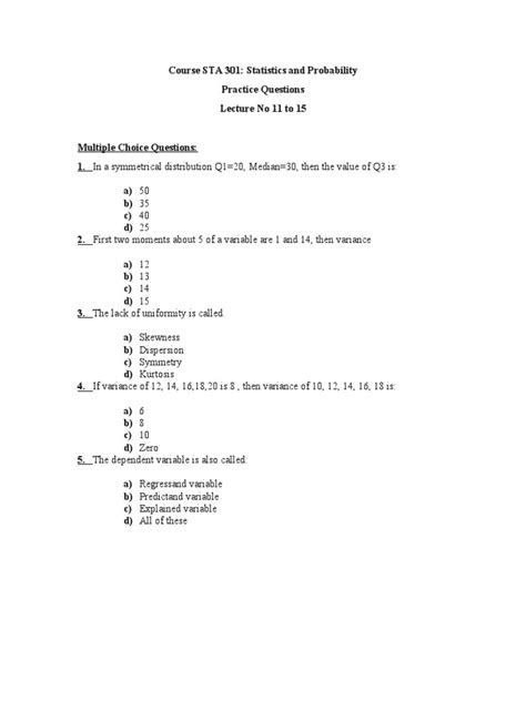 Practice Questions Lecture 11 15 Pdf Variance Skewness