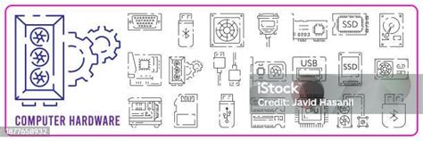 컴퓨터 하드웨어 라인 아이콘 세트입니다 그래픽 카드 또는 프로세서 및 Ram Gpu 또는 Cpu 및 쿨러 마더보드가 있는 케이스 팬이 있는 벡터 Ssd 케이블 컴퓨터 세부