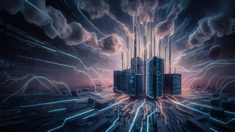 Futuristic Cloud Computing Server Network Data High Quality Image Stock Illustration