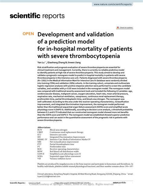 Pdf Development And Validation Of A Prediction Model For In Hospital Mortality Of Patients