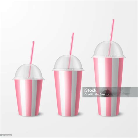 벡터 3d 사실적 흰색 핑크 줄무늬 종이 일회용 컵 세트 뚜껑 빨대 음료 음료 커피 소다 차 칵테일 밀크 쉐이크 모형을 위한