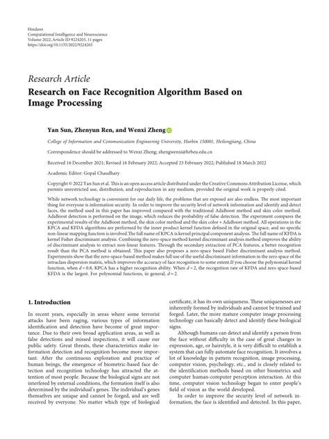 Pdf Research On Face Recognition Algorithm Based On Image Processing