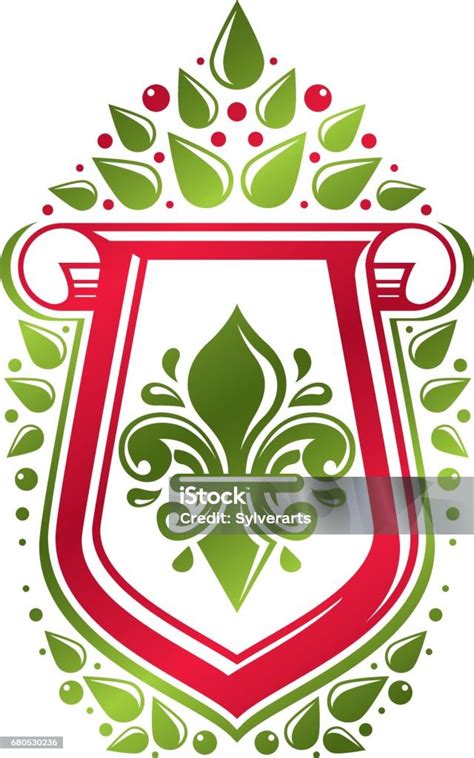 백합 꽃 왕실 기호로 만든 빈티지 전령 엠블럼 에코 제품 기호 유기농 및 건강 식품 테마 일러스트레이션 카르투케로 장식 된 보호 방패 0명에 대한 스톡 벡터 아트 및 기타