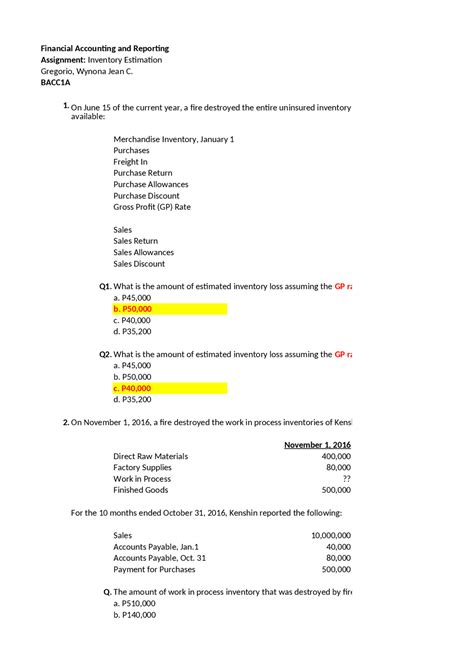 Financial Accounting Inventory Estimation Assignments Financial
