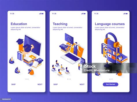 언어 과정 Isometric Gui 디자인 키트 원격 교육 모바일 응용 프로그램에 대한 온라인 교육 템플릿 E러닝 플랫폼 Ui