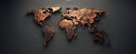 Detailed World Map With Dark Brown And Copper Colors On A Dark