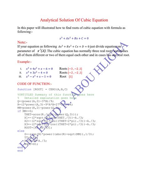 Matlab Analytical Solution Of Cubic Equation Pdf