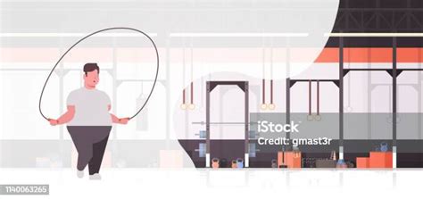 뚱뚱한 뚱뚱한 남자는 점프 로프 불타는 칼로리와 체중 남자 훈련 운동 체중 감량 개념 평면 현대 체육관 헬스 클럽 스튜디오