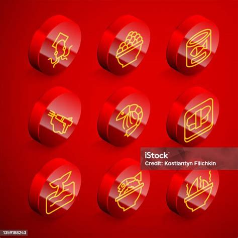 세트 라인 문어 캐비어 통조림 생선 낚시 작살 새우 초밥 도마 고래 꼬리 바다 파도 및 서빙 그릇 아이콘 벡터 3차원 형태에 대한 스톡 벡터 아트 및 기타 이미지 Istock