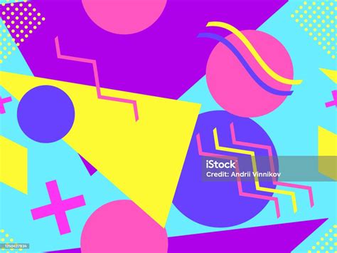80 년대 스타일의 기하학적 모양이있는 매끄러운 패턴 팔십은 홍보 제품 포장지 및 인쇄를위한 다채로운 배경을 인쇄합니다 벡터 일러스트레이션 0명에 대한 스톡 벡터 아트 및