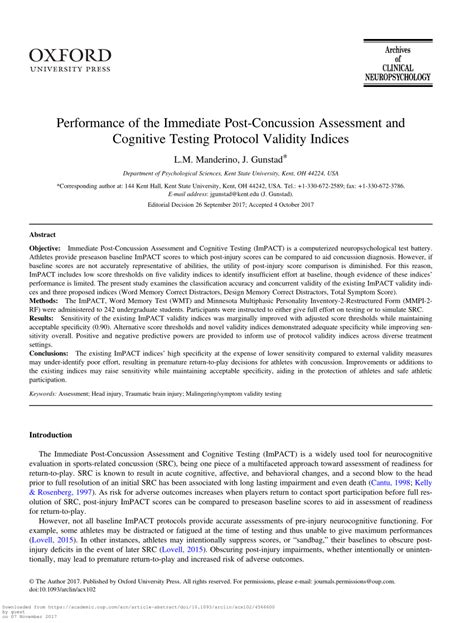Pdf Performance Of The Immediate Post Concussion Assessment And