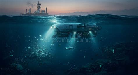 Underwater Exploration Autonomous Vehicle Investigating Ocean Depths Near Offshore Platform At