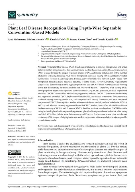 Pdf Plant Leaf Disease Recognition Using Depth Wise Separable Convolution Based Models