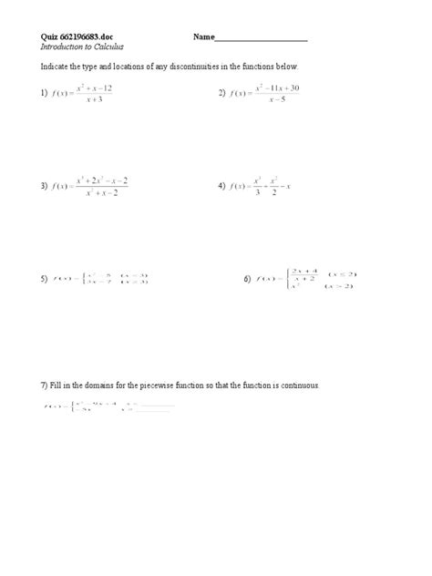 Quiz On Limits And Continuity