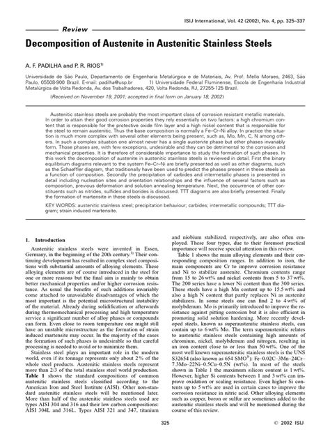 Decomposition Of Austenite In Austenitic Stainless Steels Pdf Steel