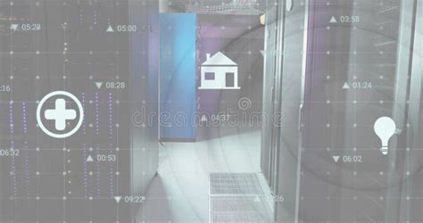 Image Of Multiple Digital Icons Over Grid Network Against Computer Server Room Stock